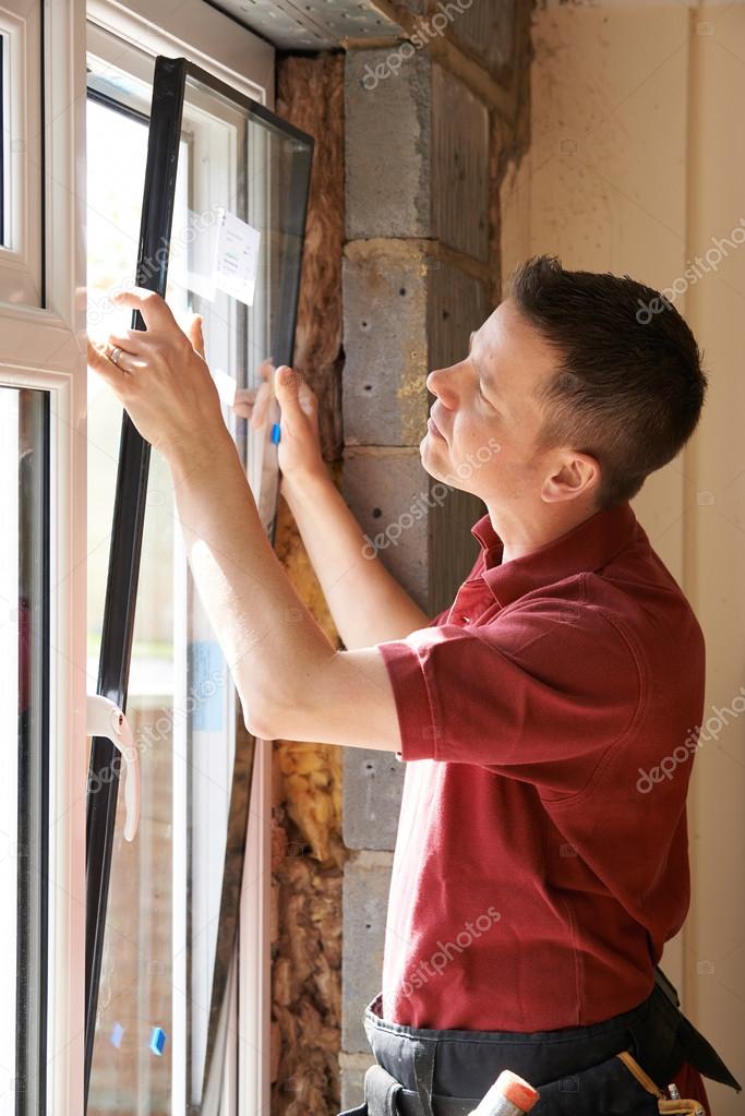 Construction Worker Installing New Windows In House — Stock Photo ...