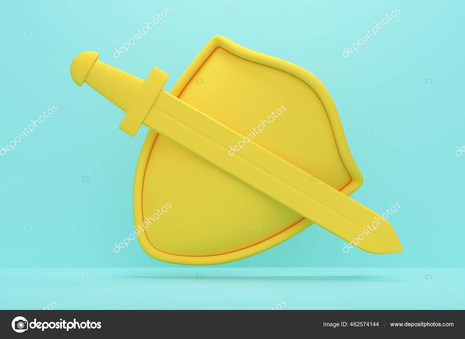Blue Studio Background Yellow Sword Shield Overhead Light Rendering ...
