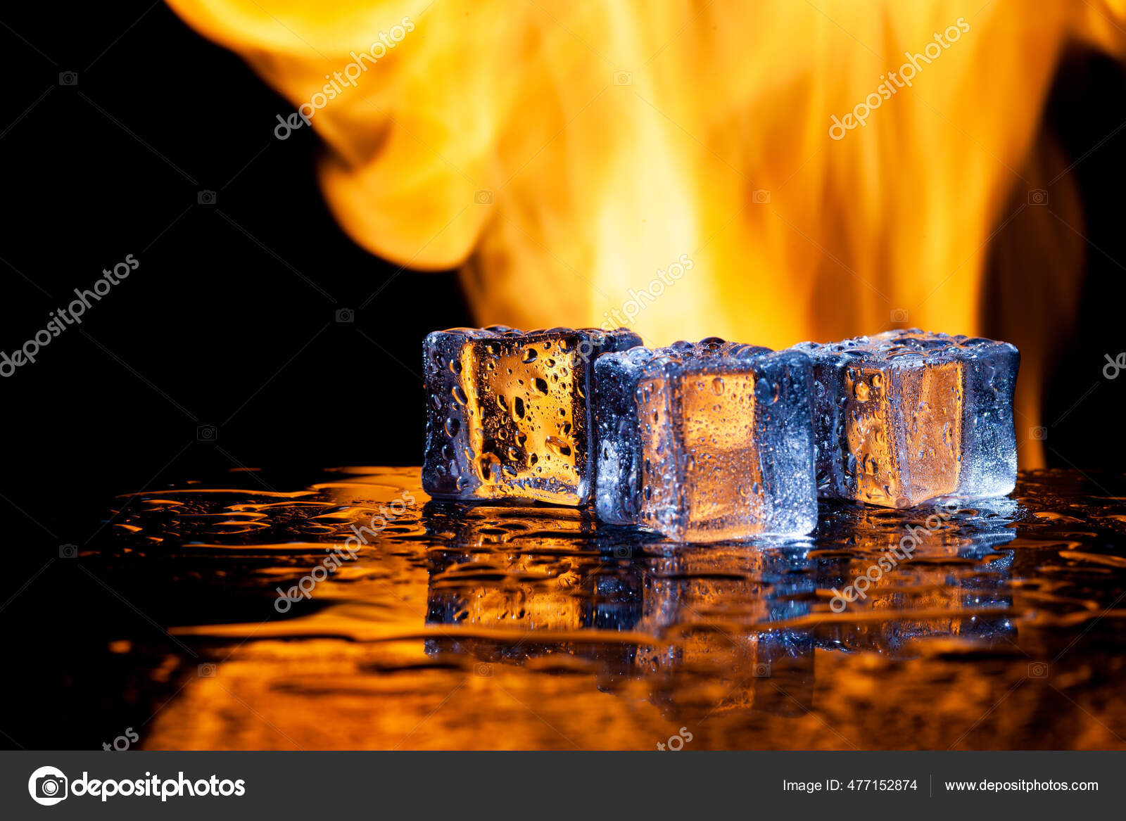 Three ice cubes against the background of fire, fire and ice, place ...