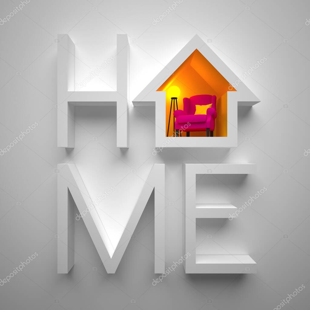 La palabra HOME, donde la letra O se hace en la forma de una casa ...