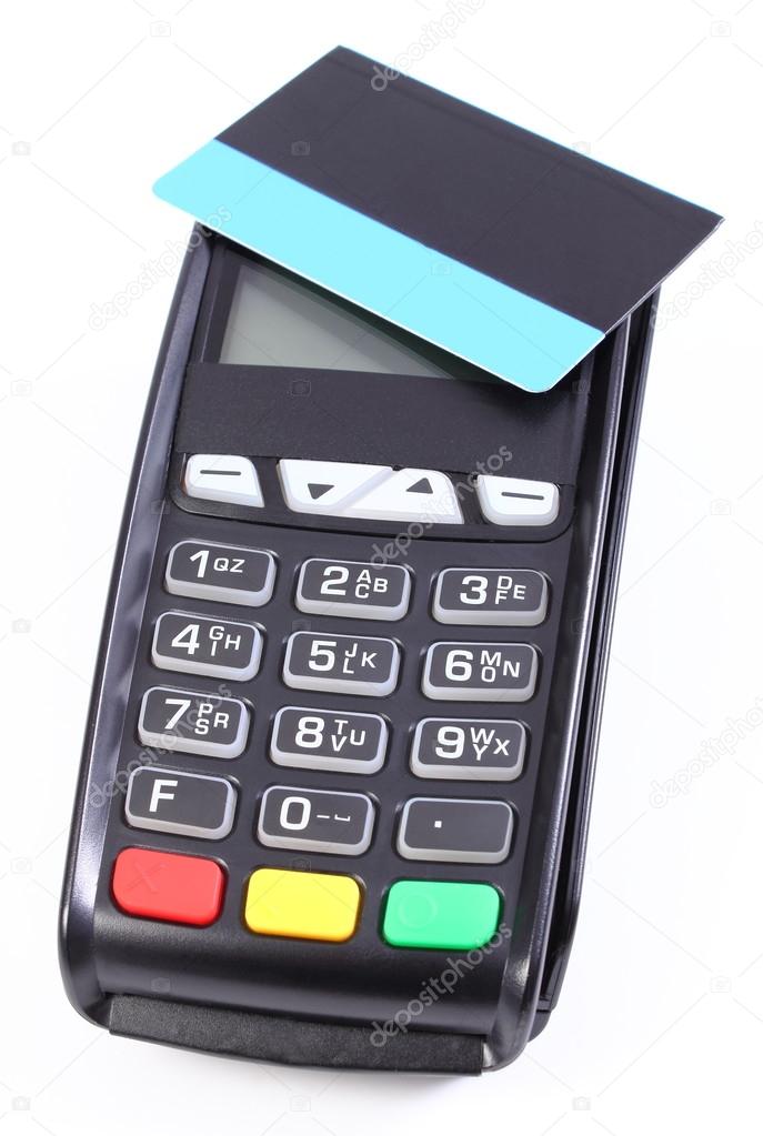 Payment terminal with contactless credit card on white background ...