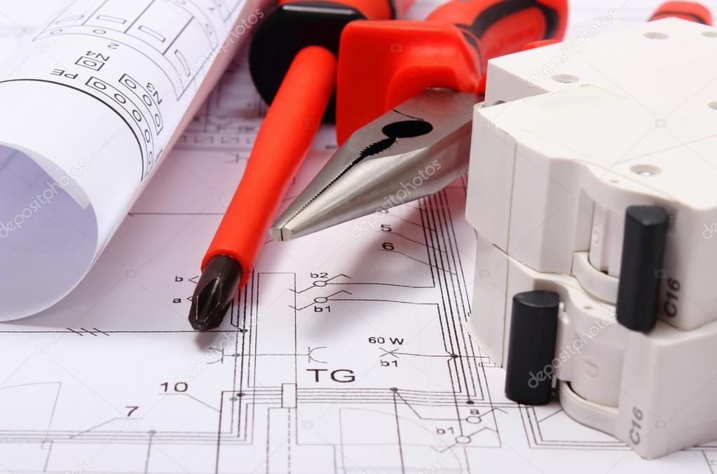 Electrical diagrams, electric fuse and work tools on drawing Stock ...