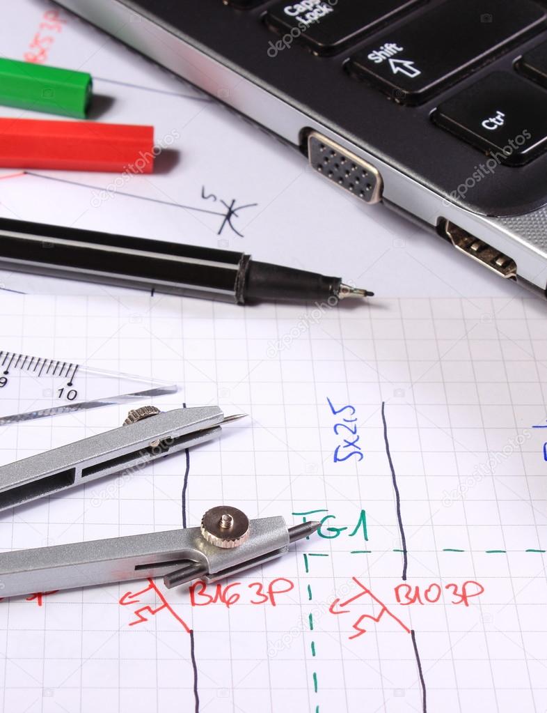 Electrical diagrams, accessories for drawing and laptop Stock Photo by ...