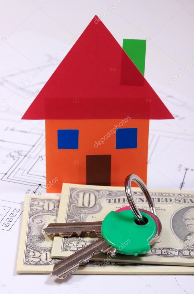 Banknotes, home of colored paper and keys on drawing of house — Stock ...