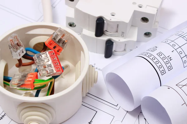Electrical box, diagrams and electric fuse on construction drawing ...