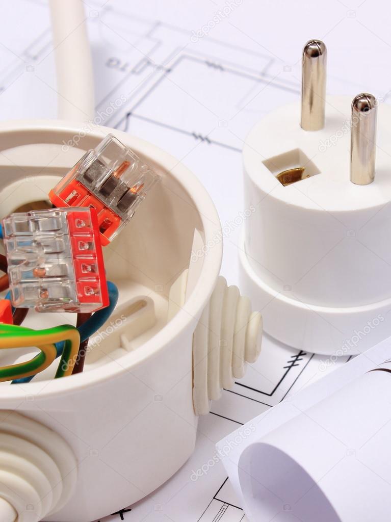 Electrical box, diagrams and electric plug on construction drawing ...