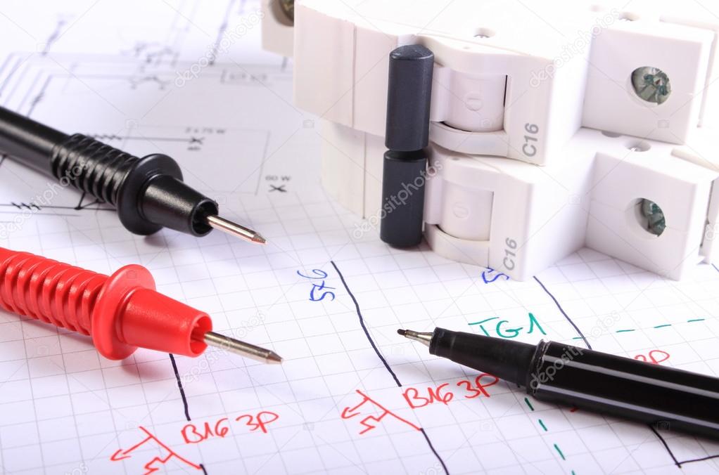 Cables of multimeter pen and electric fuse on electrical drawing Stock ...