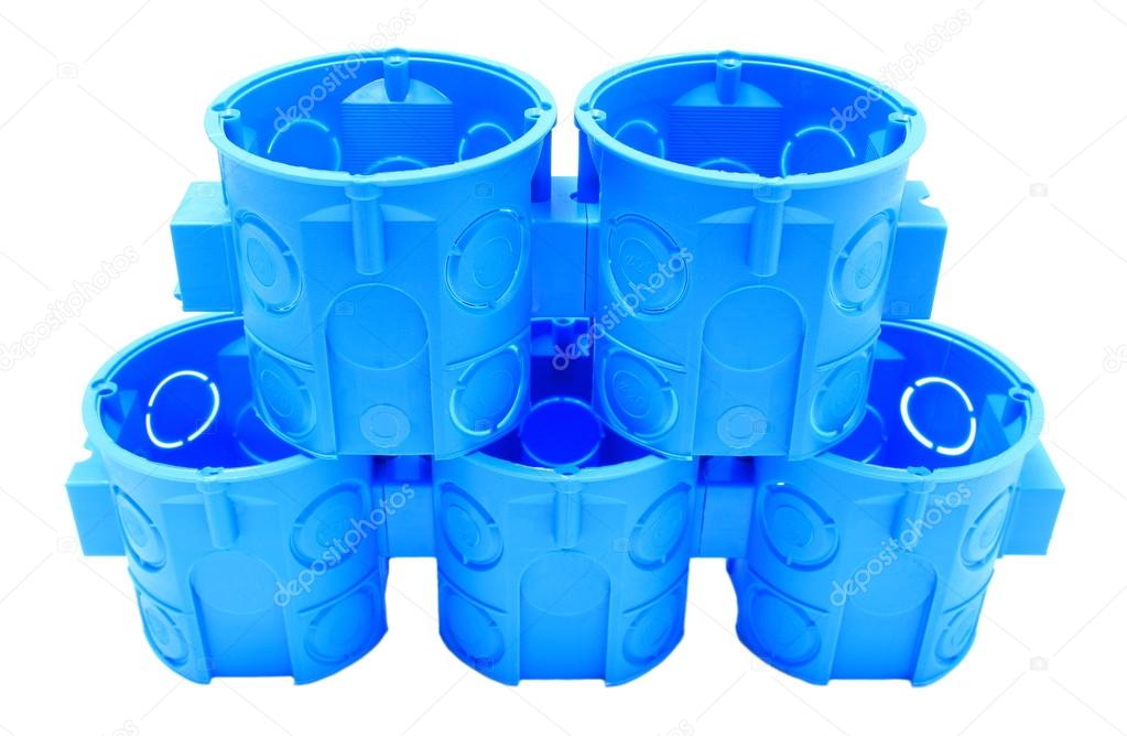 Stack of blue electrical boxes on white background Stock Photo by ...