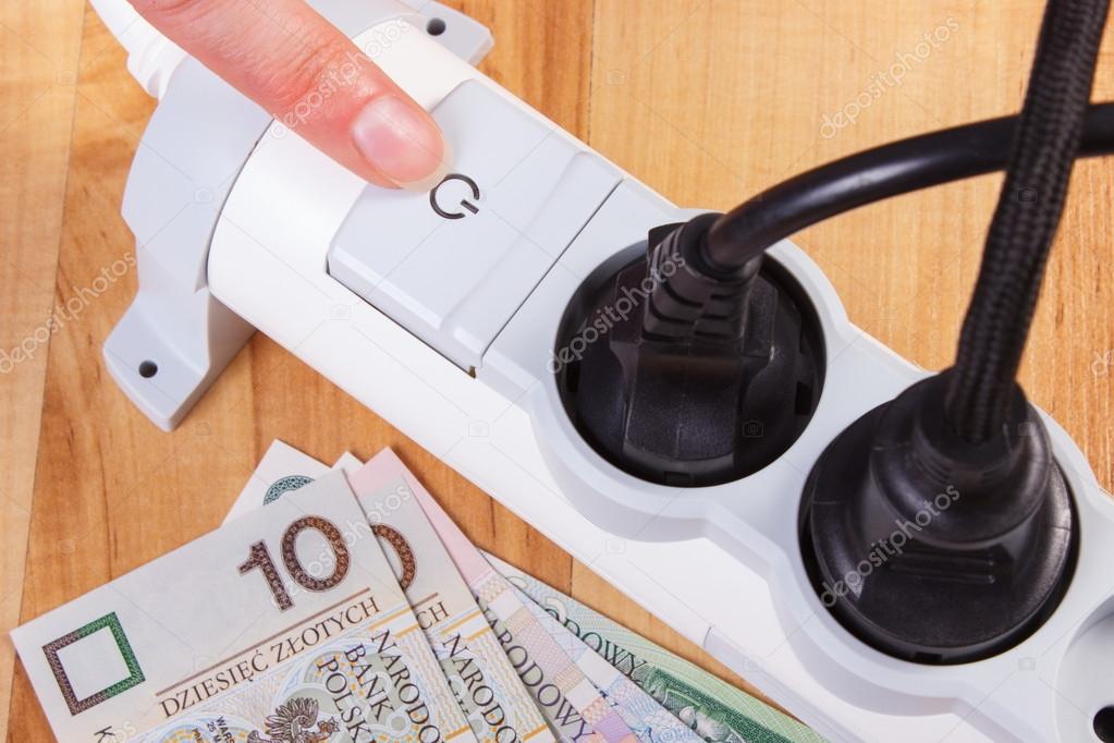 Electrical power strip with connected plug and polish currency money ...