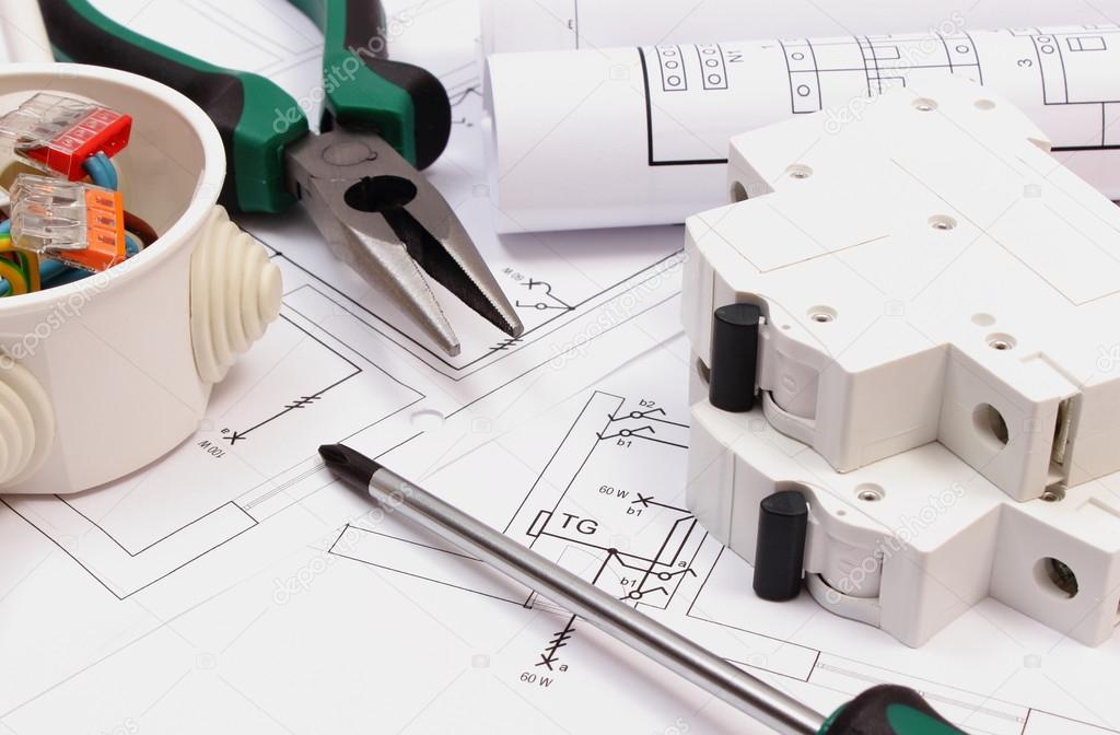 Work tools, electrical box and fuse, electrical construction drawing ...
