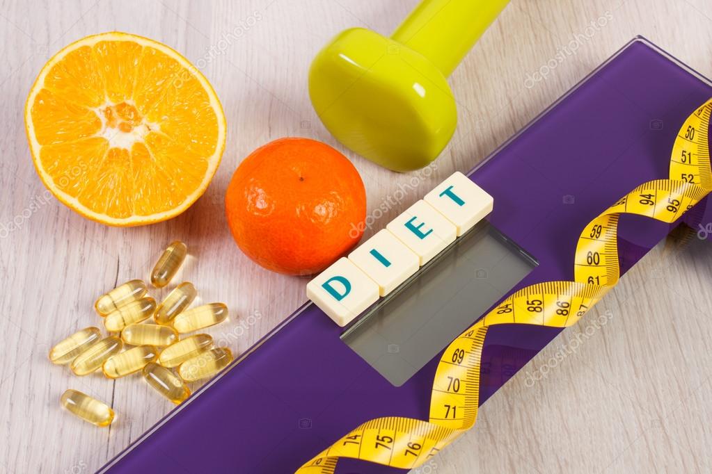 Digital scale with tape measure, dumbbells, tablets, fruits, slimming ...