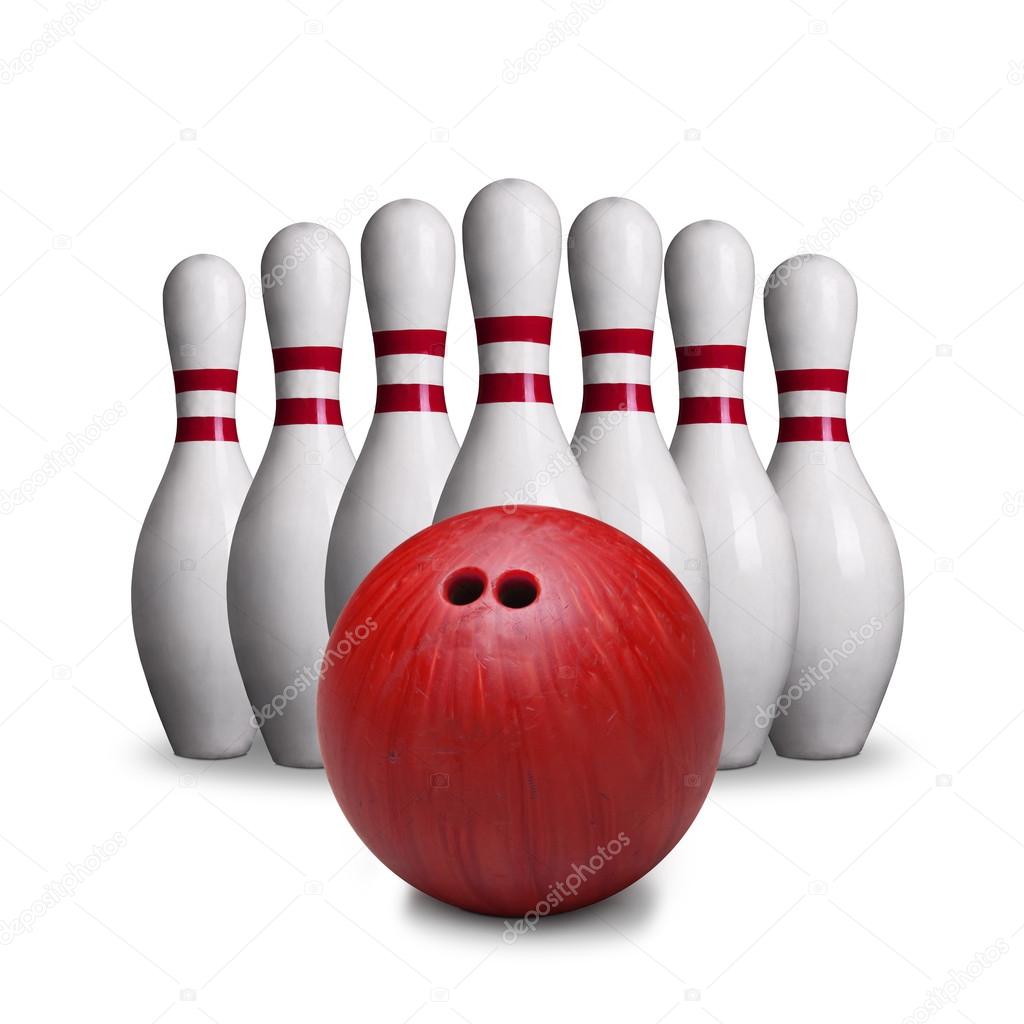 Red Bowling Ball And Pins Isolated on White Background Stock Photo by ...