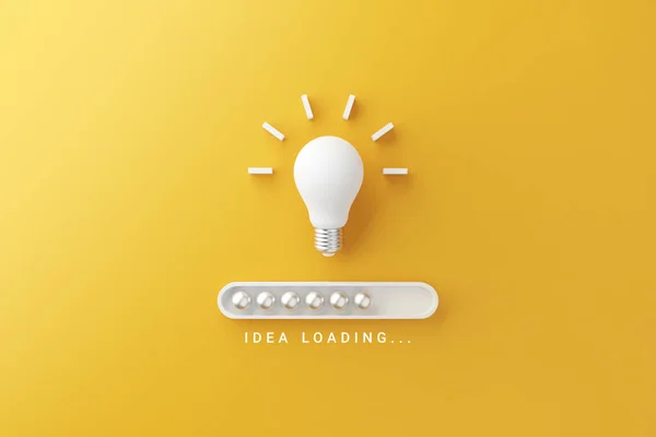 Loading bar almost complete with idea beeing processed on a light bulb on yellow background. 3d ...