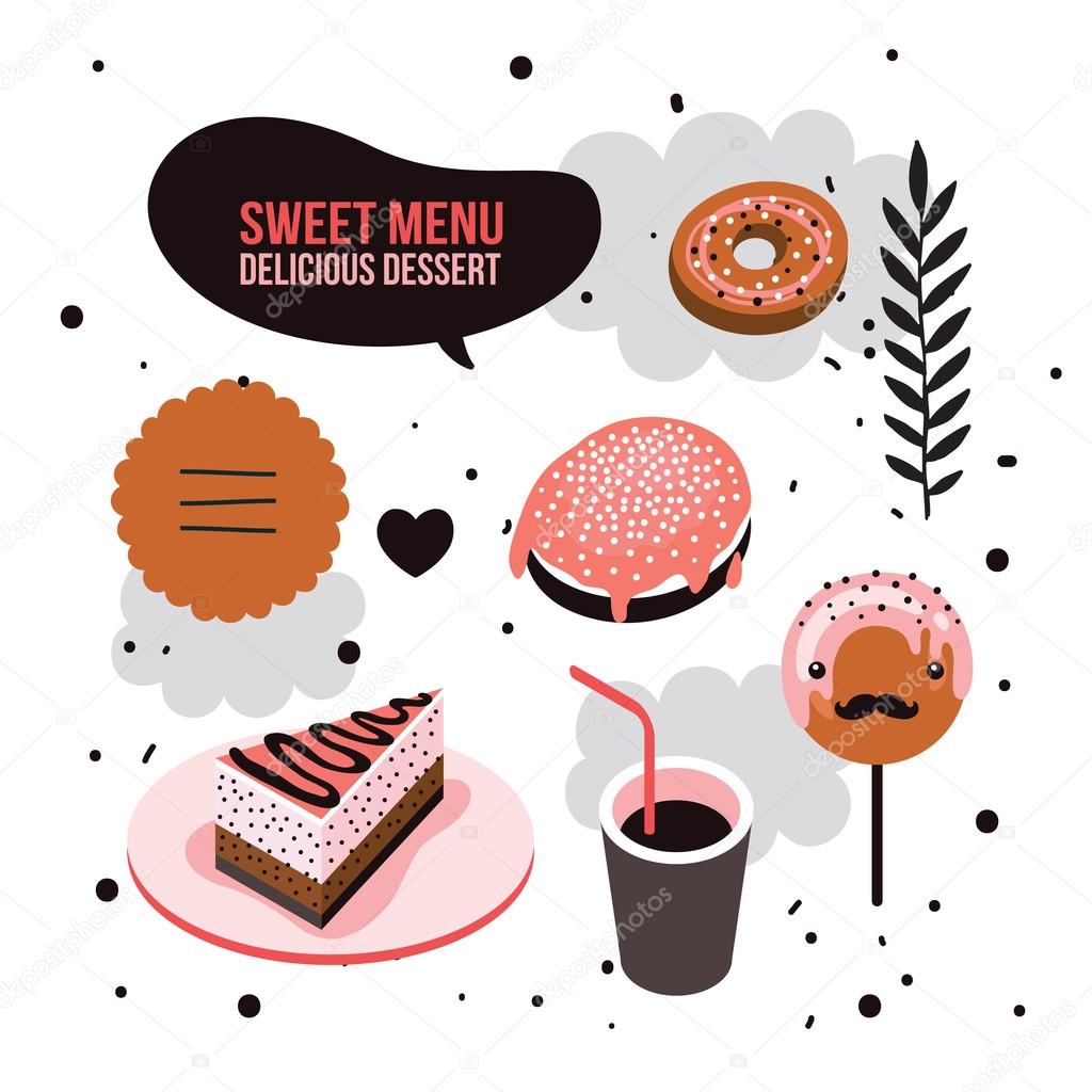 Delicious dessert design elements set Donut Cake Coffee cup Lollipop ...