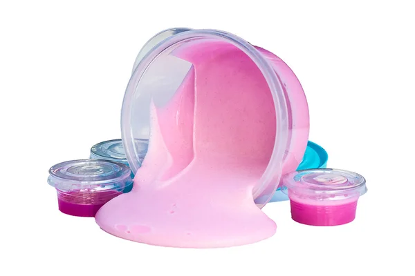 Slime spill out from plastic box isolated on white background. Stock ...