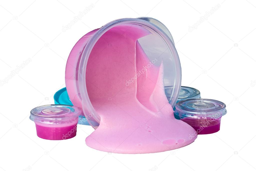 Slime spill out from plastic box isolated on white background. Stock ...