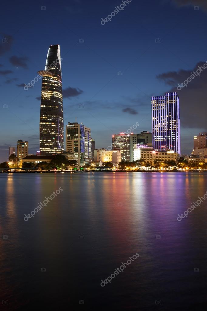HO CHI MINH CITY, VIETNAM - JULY 21, 2015 : Saigon riverside night view ...