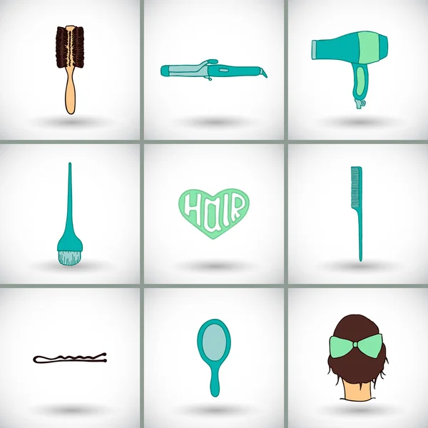 Hairdressing tools set. Hand-drawn cartoon collection of hair styling ...