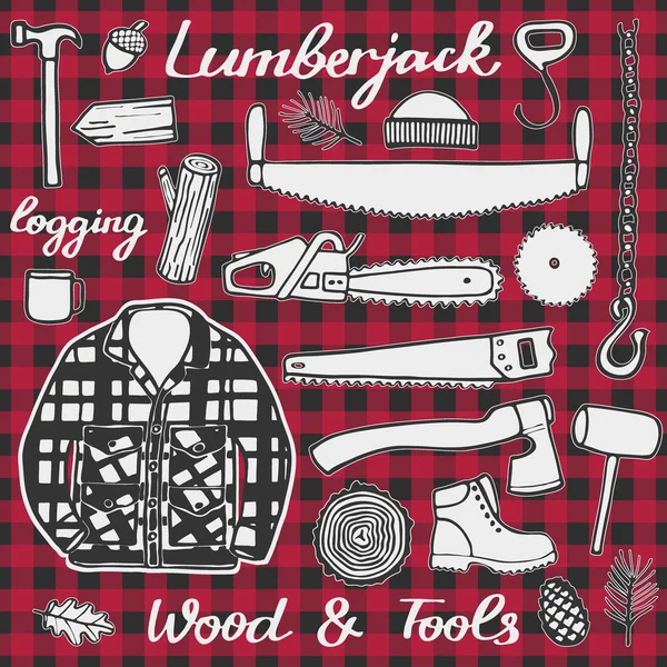 Lumberjack set, wood and tools. Hand-drawn cartoon logging stuff ...