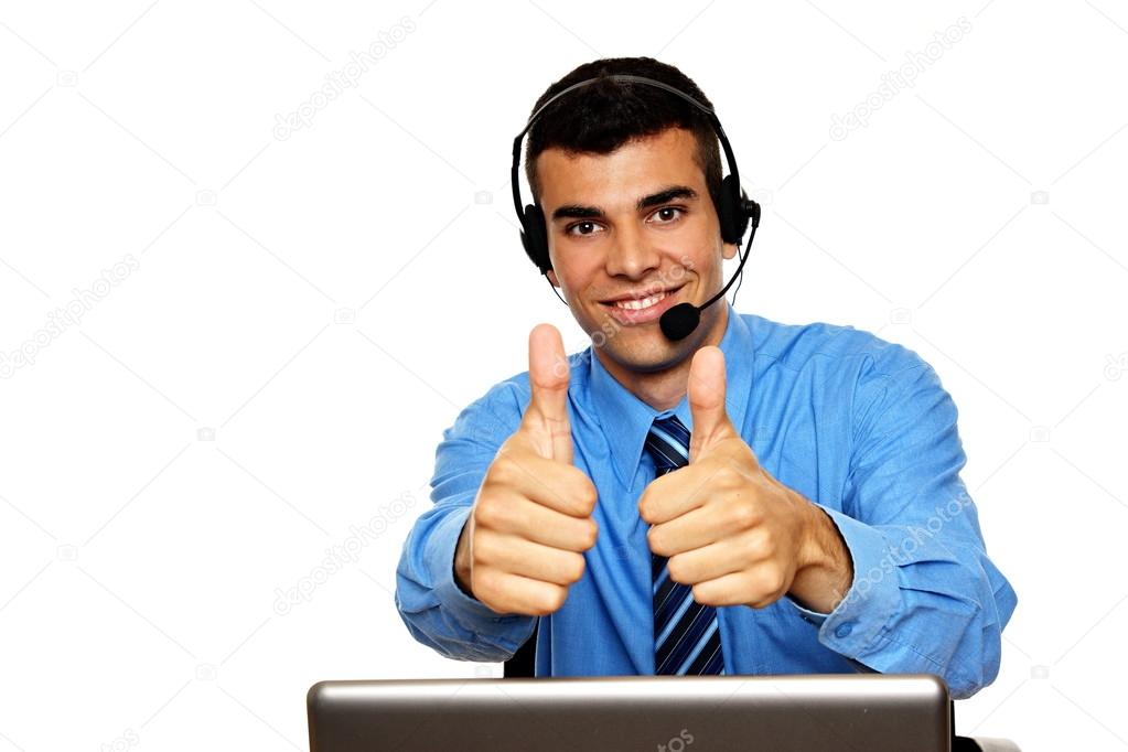 Customer service operator gesturing thumbs up — Stock Photo ...