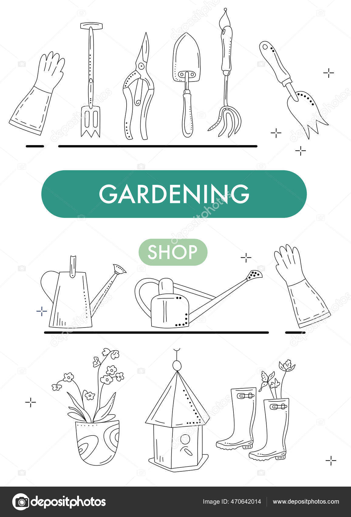 Gardening Shop Banner Doodle Style Tools Planting Digging Seedling ...