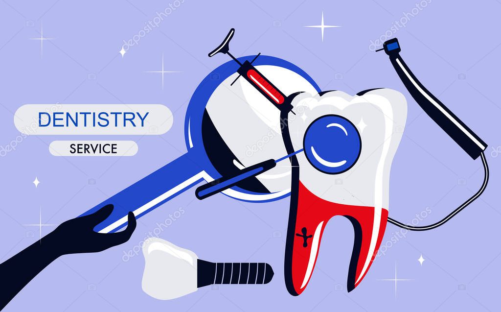 Banner de servicio de odontología en estilo Pop Art. Enorme molar e implantar. Broca, curación ...