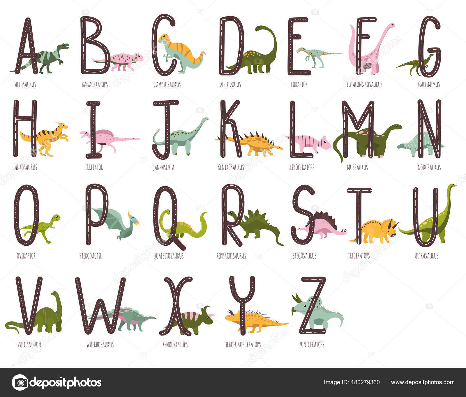 Dino Alphabet Hand Drawn Cute Dinosaurs Educational Prehistoric ...