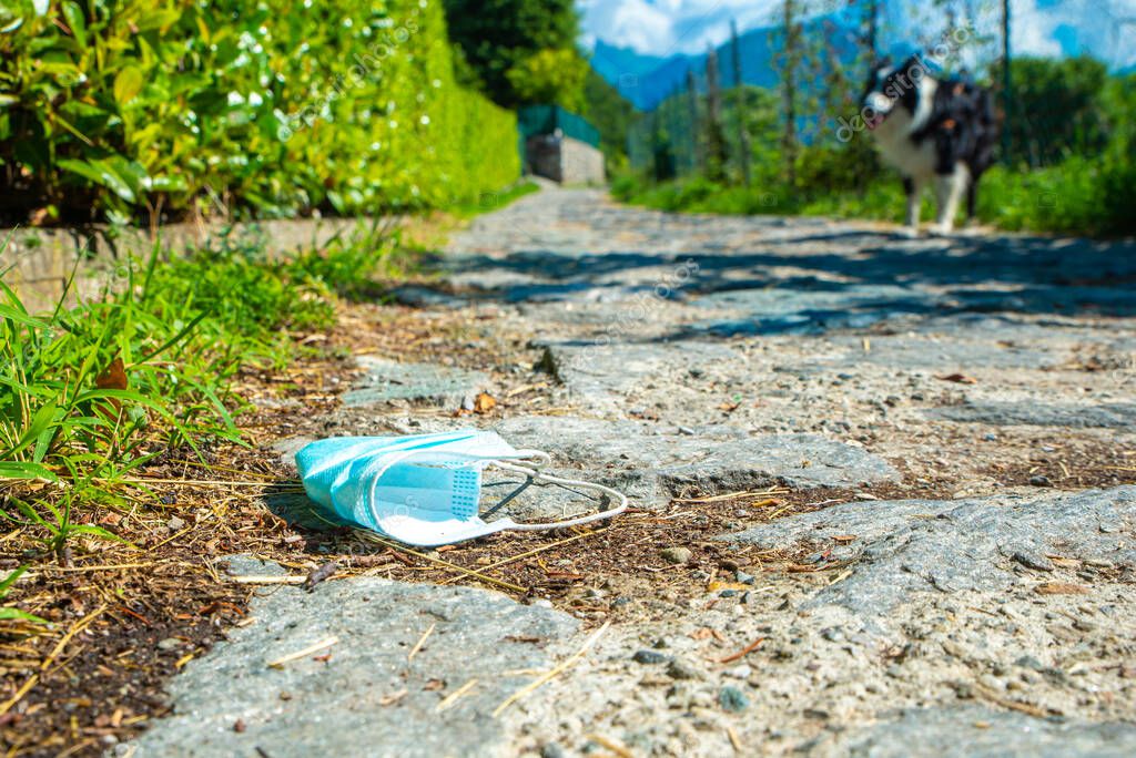 Mask thrown along a road and in nature. Pollution. Slag and plastics ...