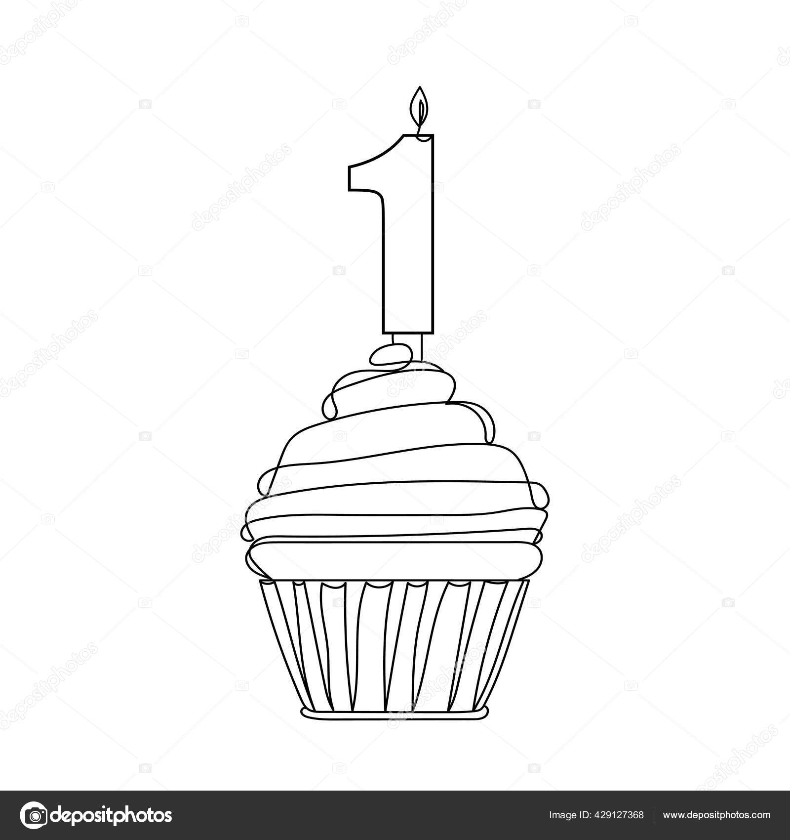 Number One Birthday Holiday Celebration Cupcake One Line Drawing Vector Stock Vector by ...