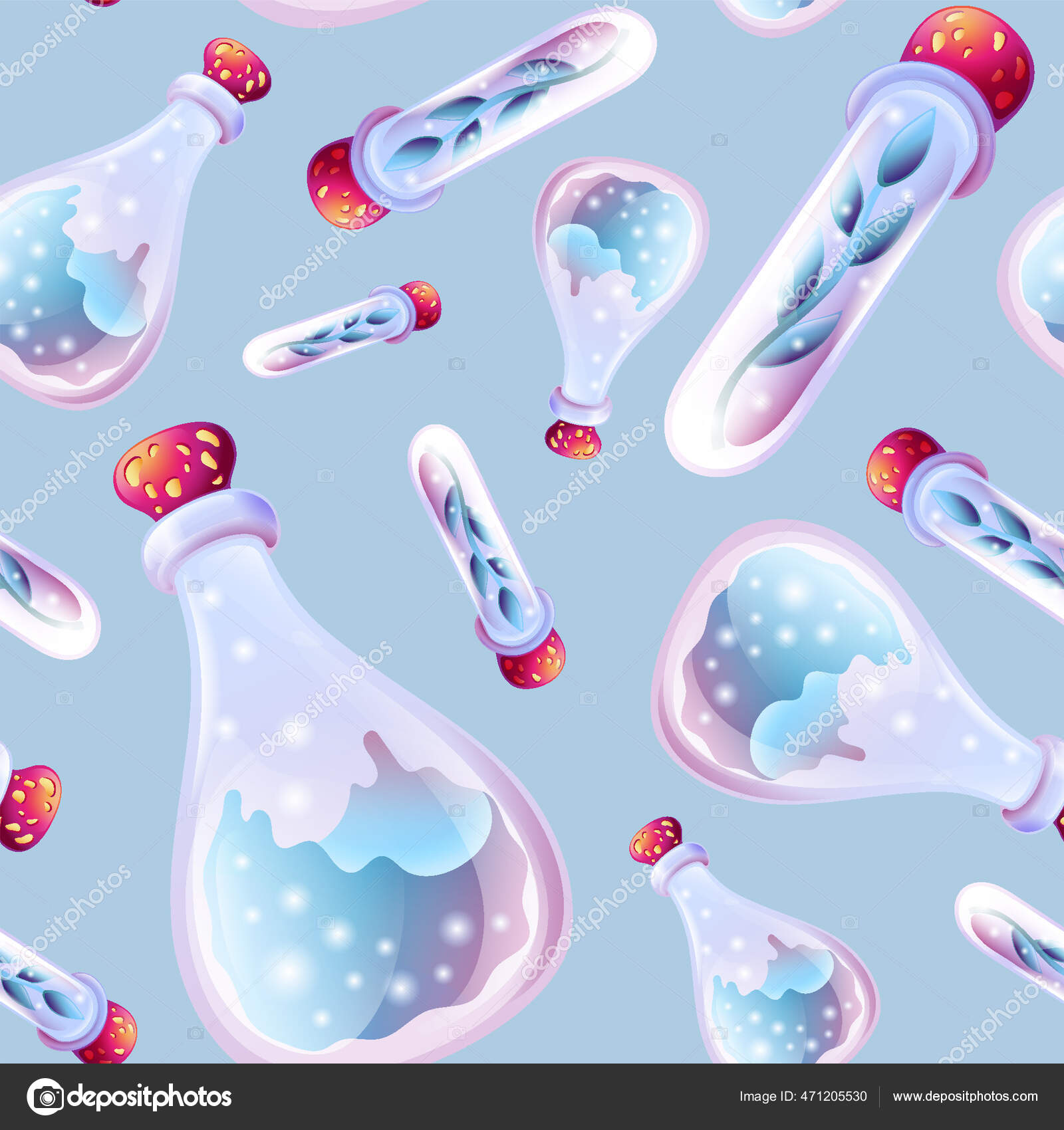 Magic potion tubes and bottles vector seamless pattern. background of glass jars and flasks with ...