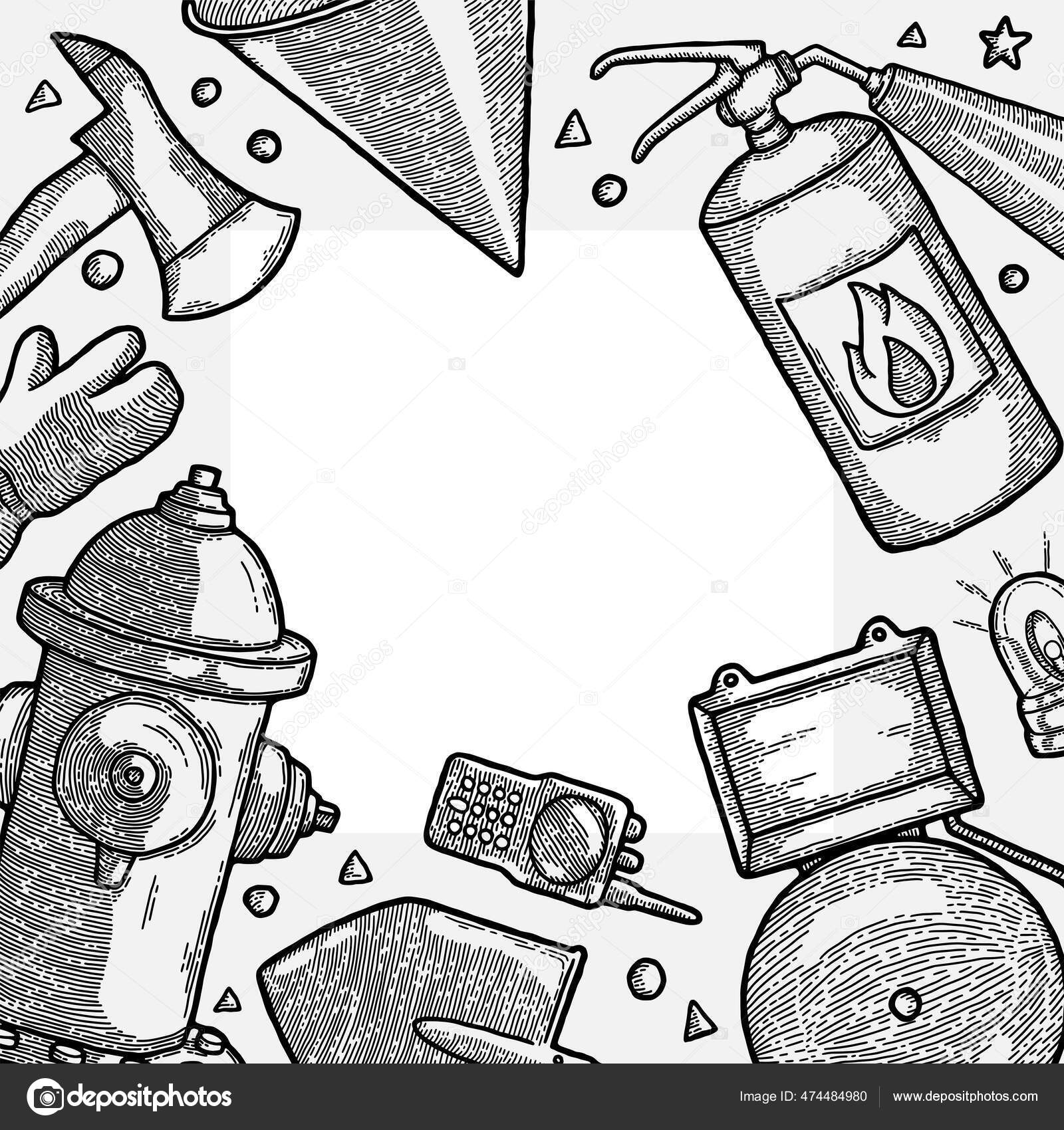 Black and White Firefighting Vintage Elements Background with empty ...