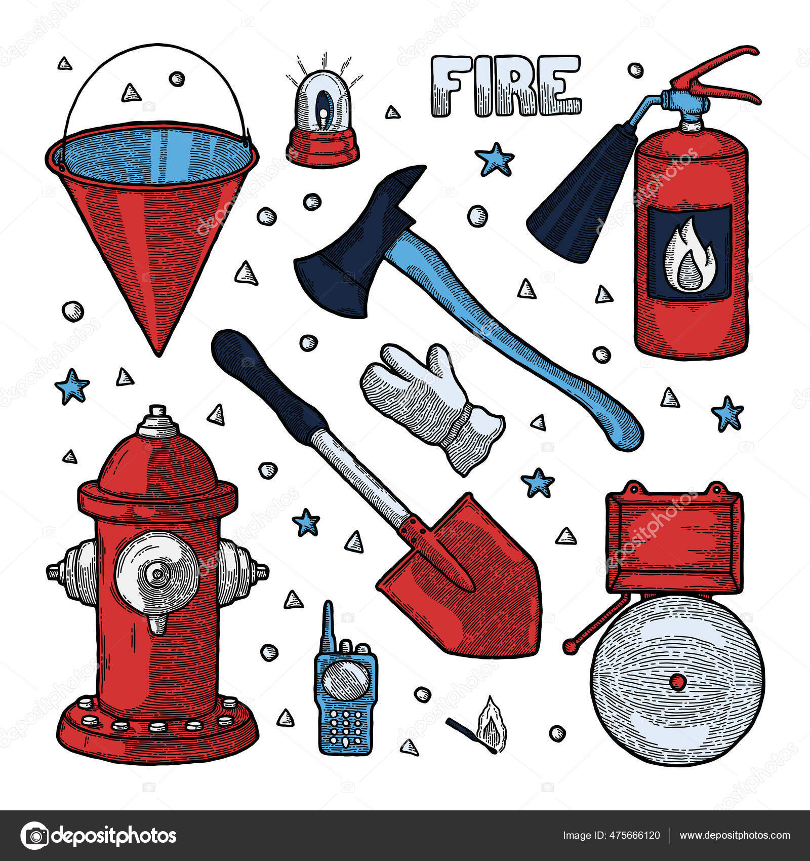 Firefighting Vintage Elements Set of fireman tools vector illustration ...