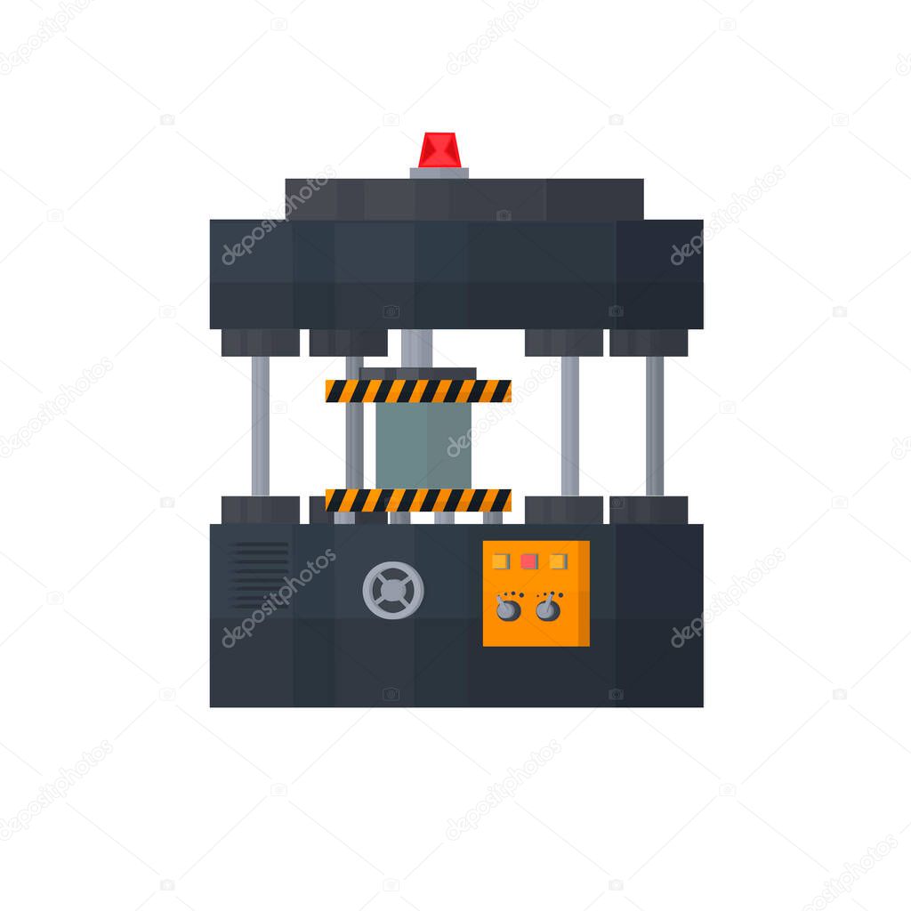 Prensa hidráulica de fábrica. Prensa industrial, ilustración vectorial 2023