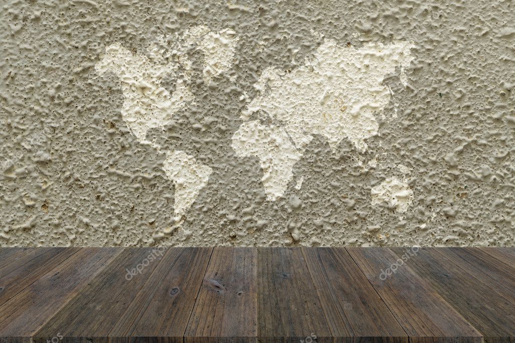Wall texture surface with Wood terrace and world map — Stock Photo ...