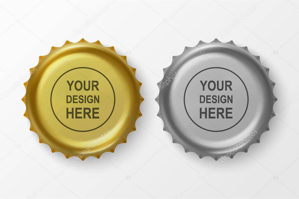 Vector 3D Realista Metal Oro y Plata Gris Cerveza en Blanco Botella Cap Icon Set Primer plano ...