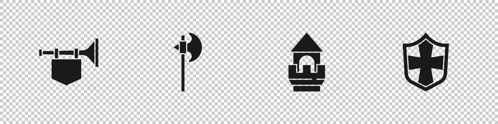 Set Trompeta con bandera, hacha medieval, torre del castillo y escudo ...