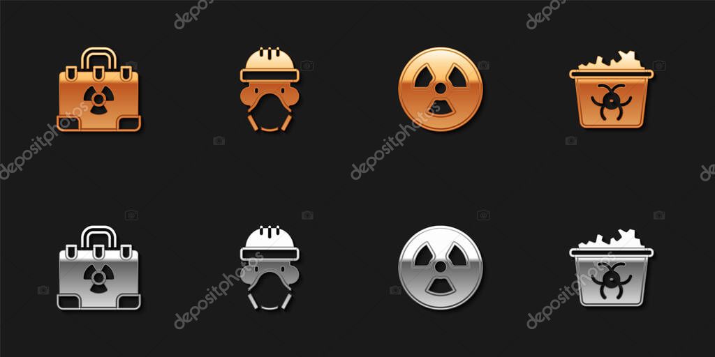 Set Maleta nuclear de radiación, trabajador del reactor nuclear, icono ...