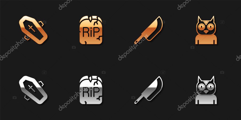 Set Coffin con cruz, Tombstone RIP escrito, Cuchillo y búho icono de ...