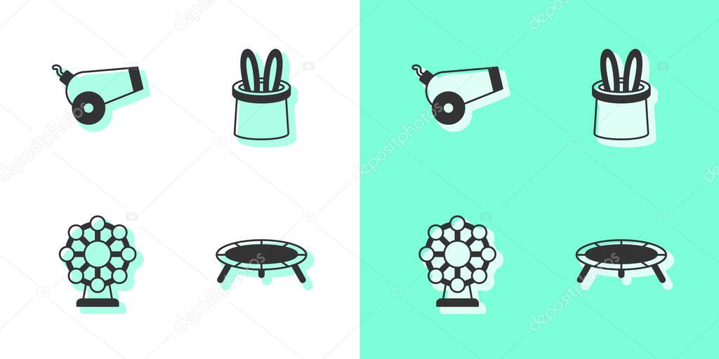 Set trampolín de salto, cañón, rueda de la fortuna y sombrero de mago y ...