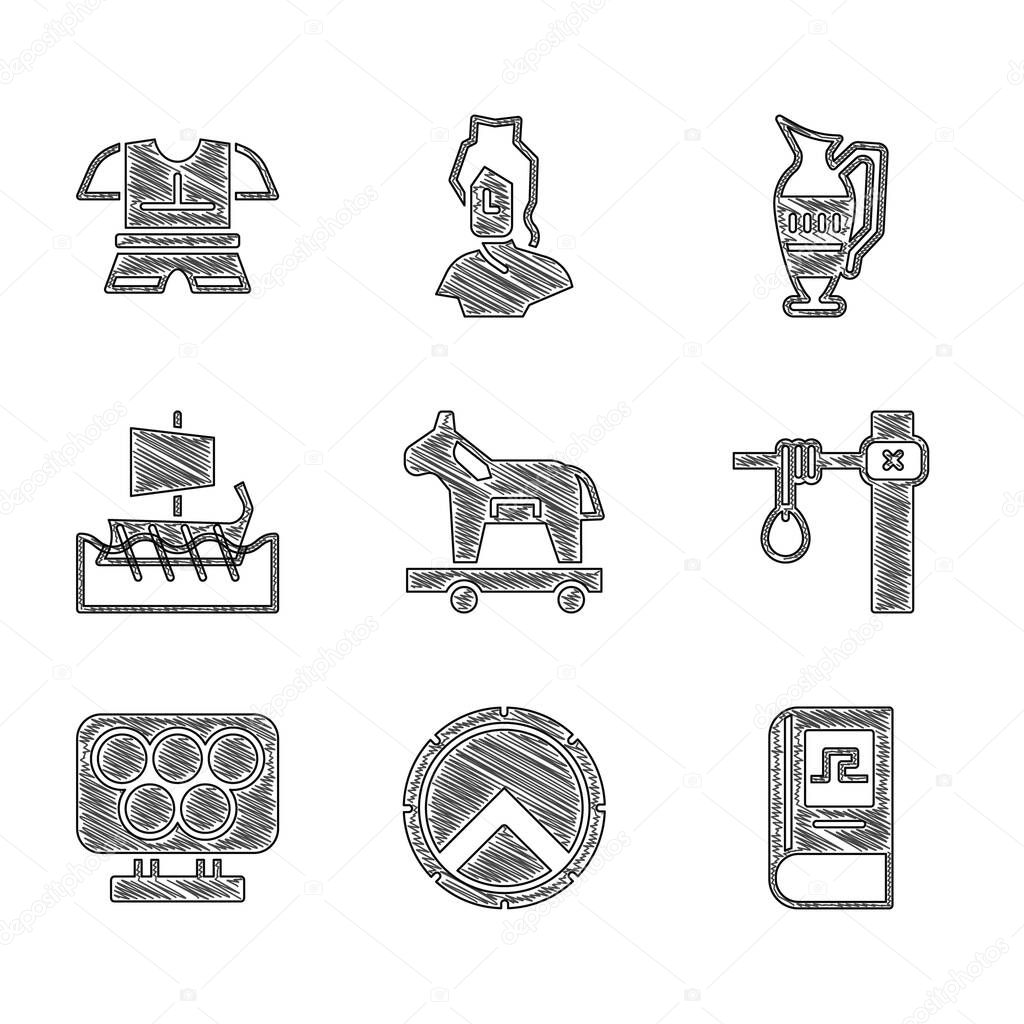 Conjunto caballo de Troya, escudo griego, libro de historia, horca ...