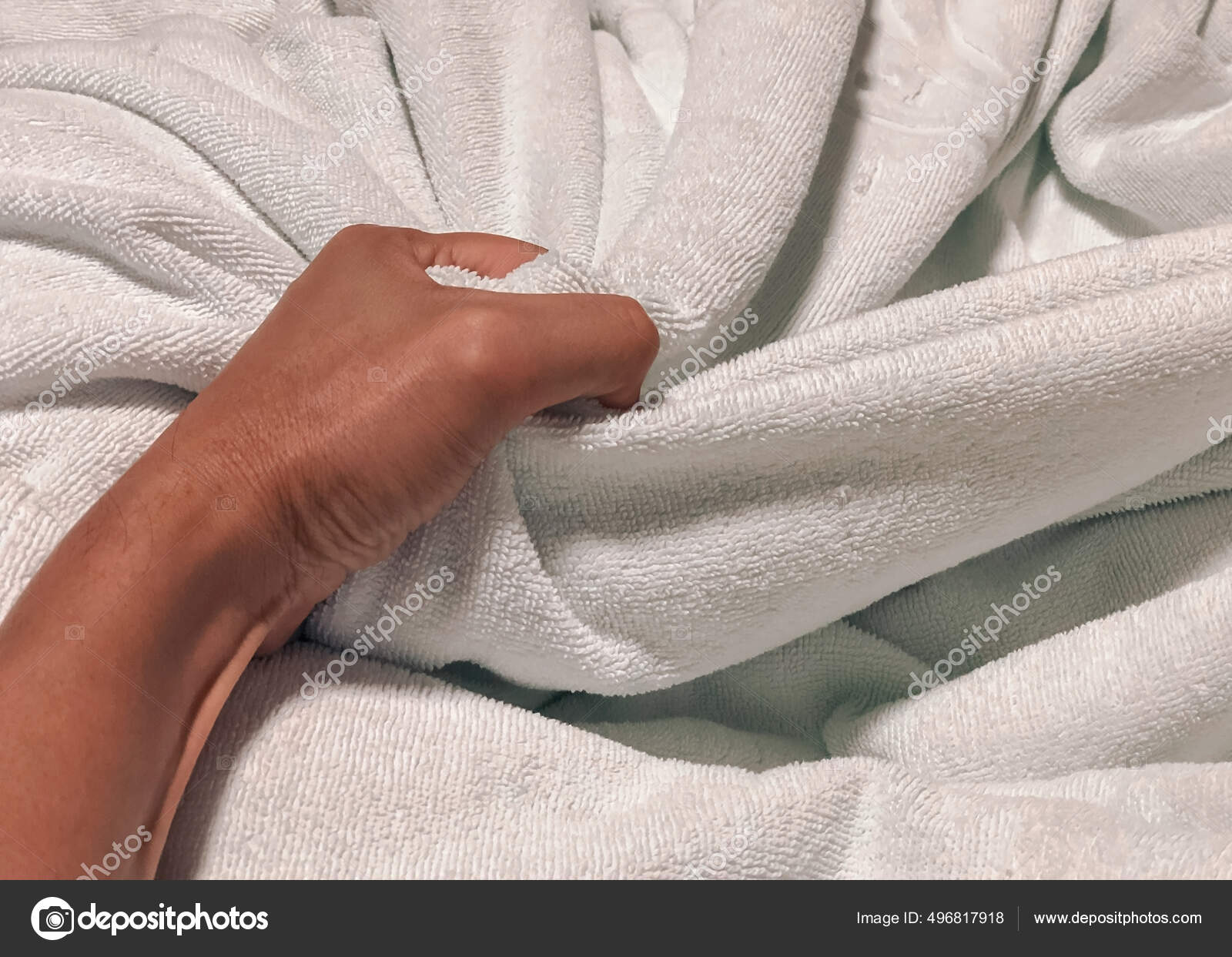 Man's Hand Pulled White Towel Hands Rubbed White Sheets Bed — Stock ...