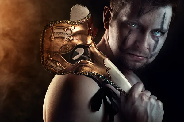 Shirtless man dancer or actor with creepy, scary mask - Stock Image ...