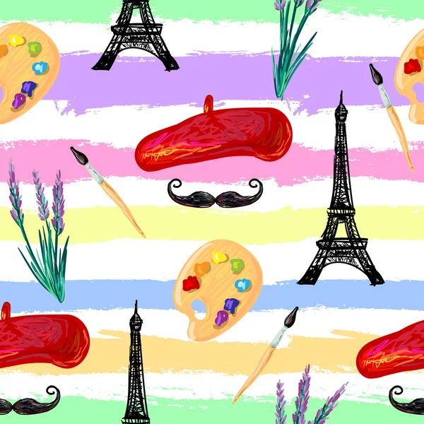 Seamless Paris pattern with Eiffel Tower and hearts. French vector ...