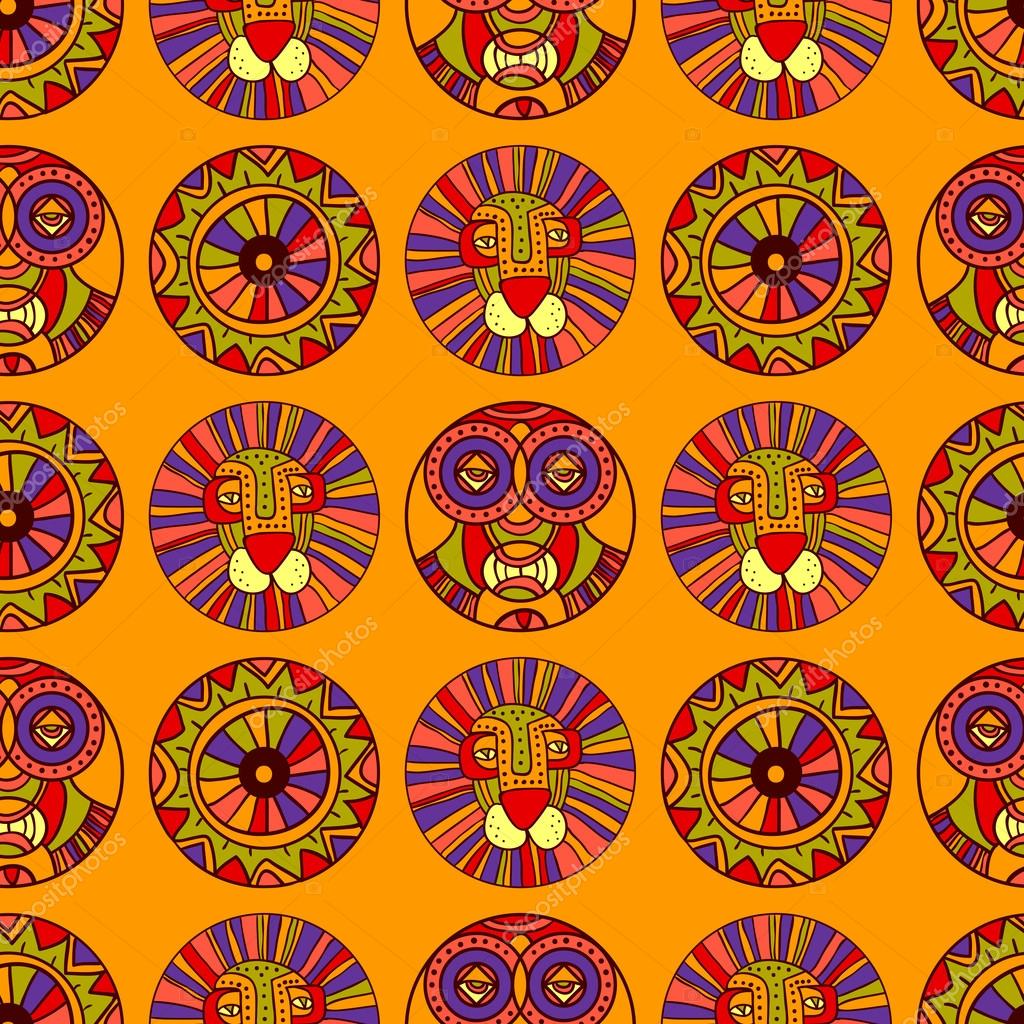 Seamless African pattern with lion, African mask, sun wheel symb Stock ...