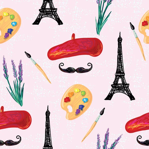 Seamless Paris pattern with Eiffel Tower and hearts. French vector ...
