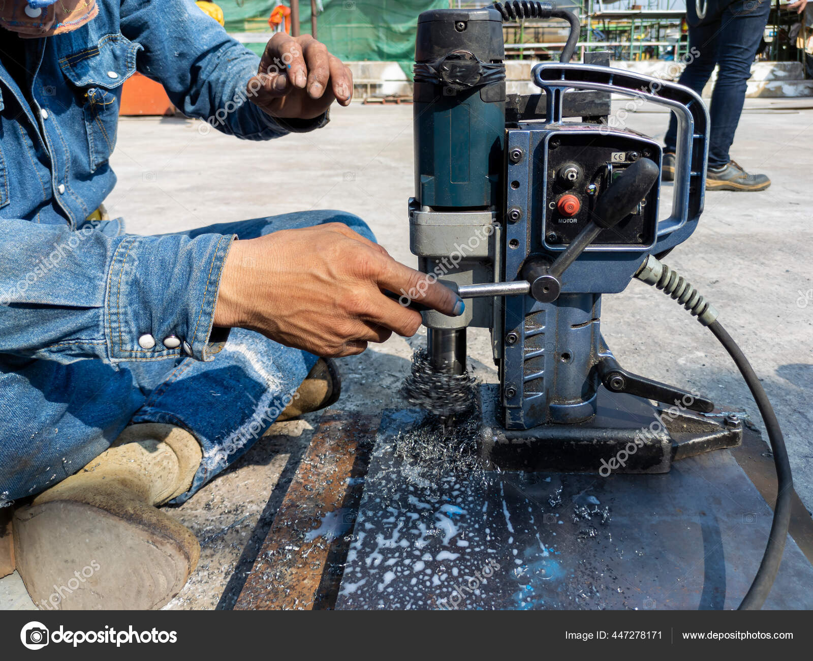 Worker Using Drilling Machine Drill Hole Steel Plate Industrial Factory ...