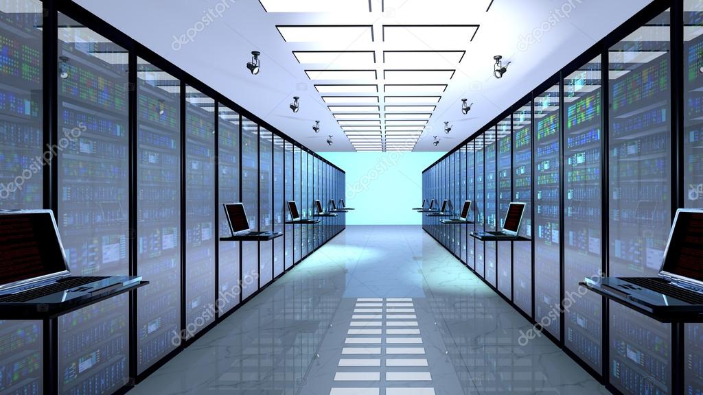 Terminal monitor in server room with server racks in datacenter. Stock ...