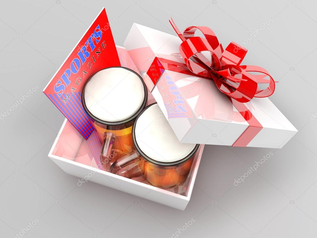 Gift box with beer mugs and sports magazine — Stock Photo © ralwel ...