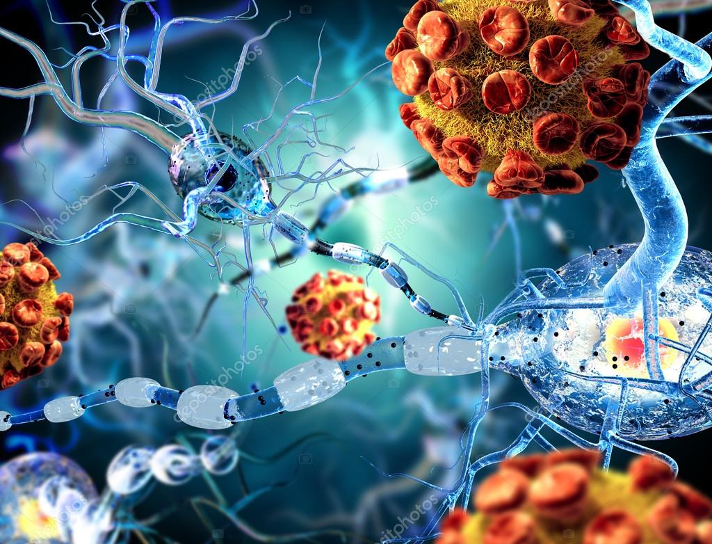 Nerve cells an viruses, concept for Neurological Diseases, tumors and ...