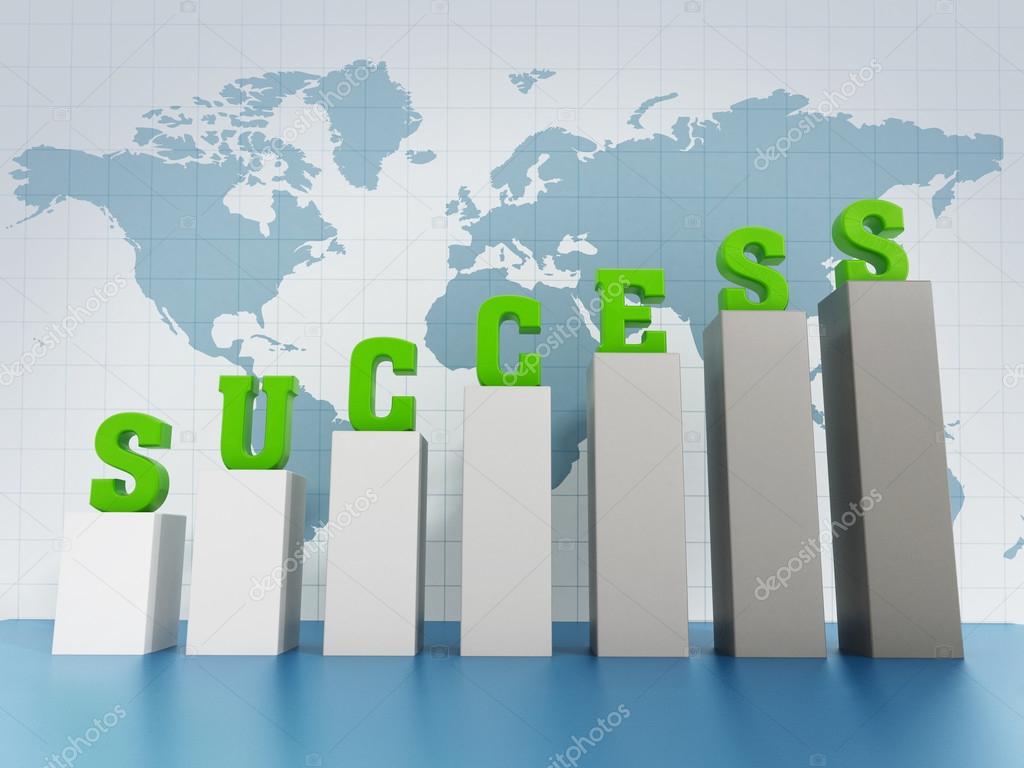 Palabra de éxito en el gráfico creciente en el fondo del mapa del mundo ...